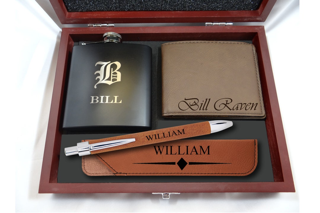 Engraved Gift Box | Personalized Set | Inscribed Flask Wallet | Etched ...