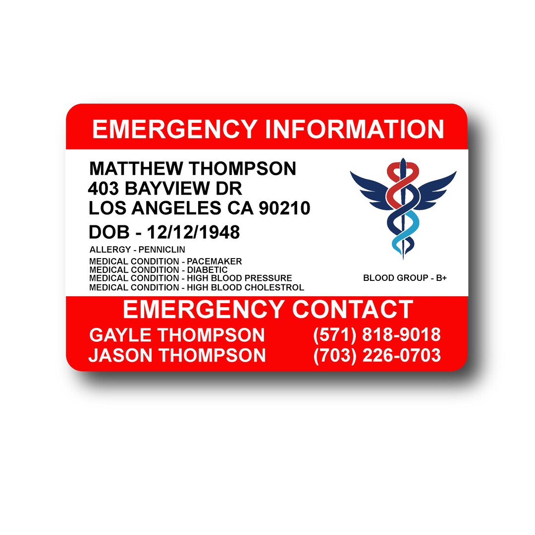 Emergency Medical Contact Card | Medical or Life Alert Card | Medical ...