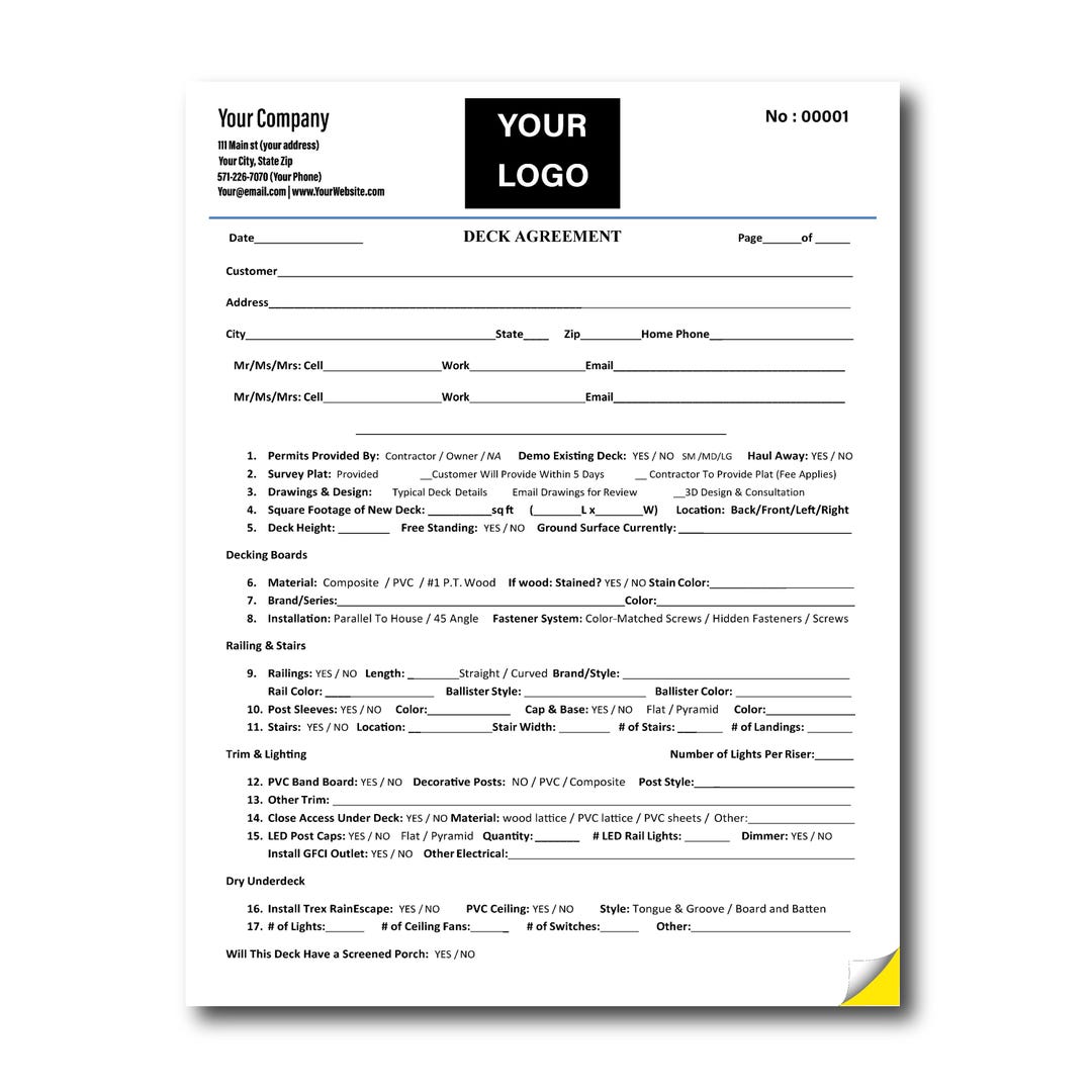 Deck Agreement Custom Printed With Your Company Information ...