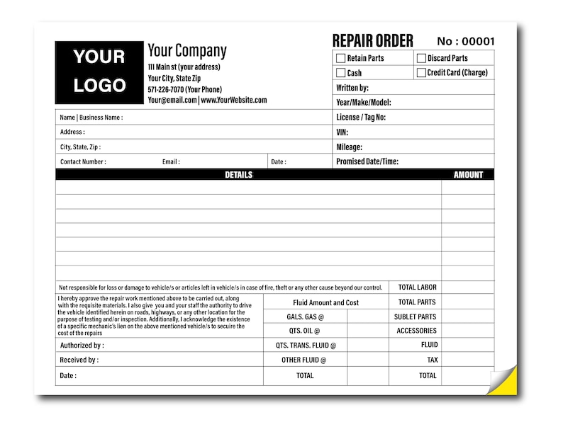 Auto Repair Order Form Custom Printed With Your Company Information ...