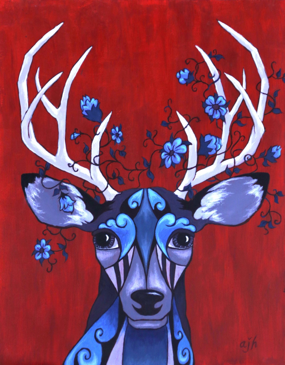 Whimsical Geometric Blue Deer Art Print "11x"14 - Etsy