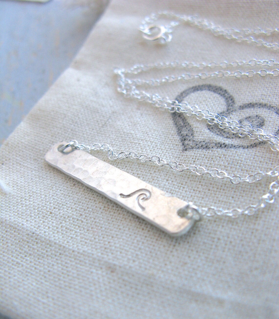 Wave Necklace, Silver Wave Necklace, Wave Bar Necklace, Stamped Bar ...