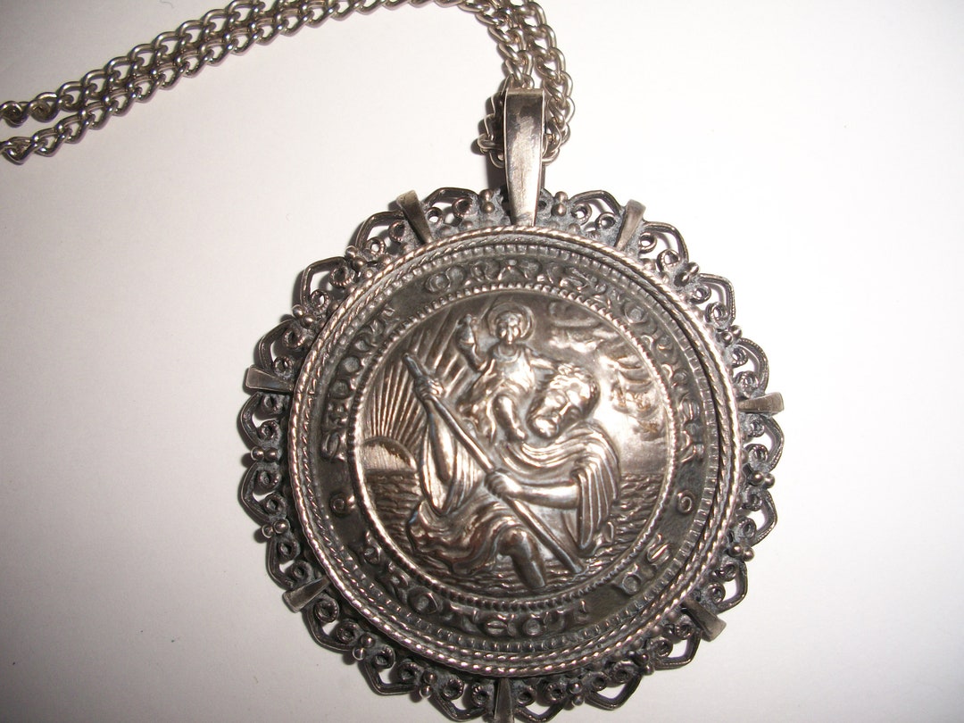 Antique Vintage Saint Christopher Protect Us Medallion Relic Necklace ...