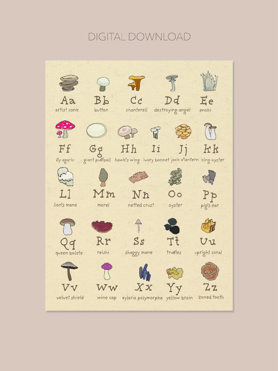 Mushroom Alphabet Poster Mushroom Alphabet Print Mushroom | Etsy
