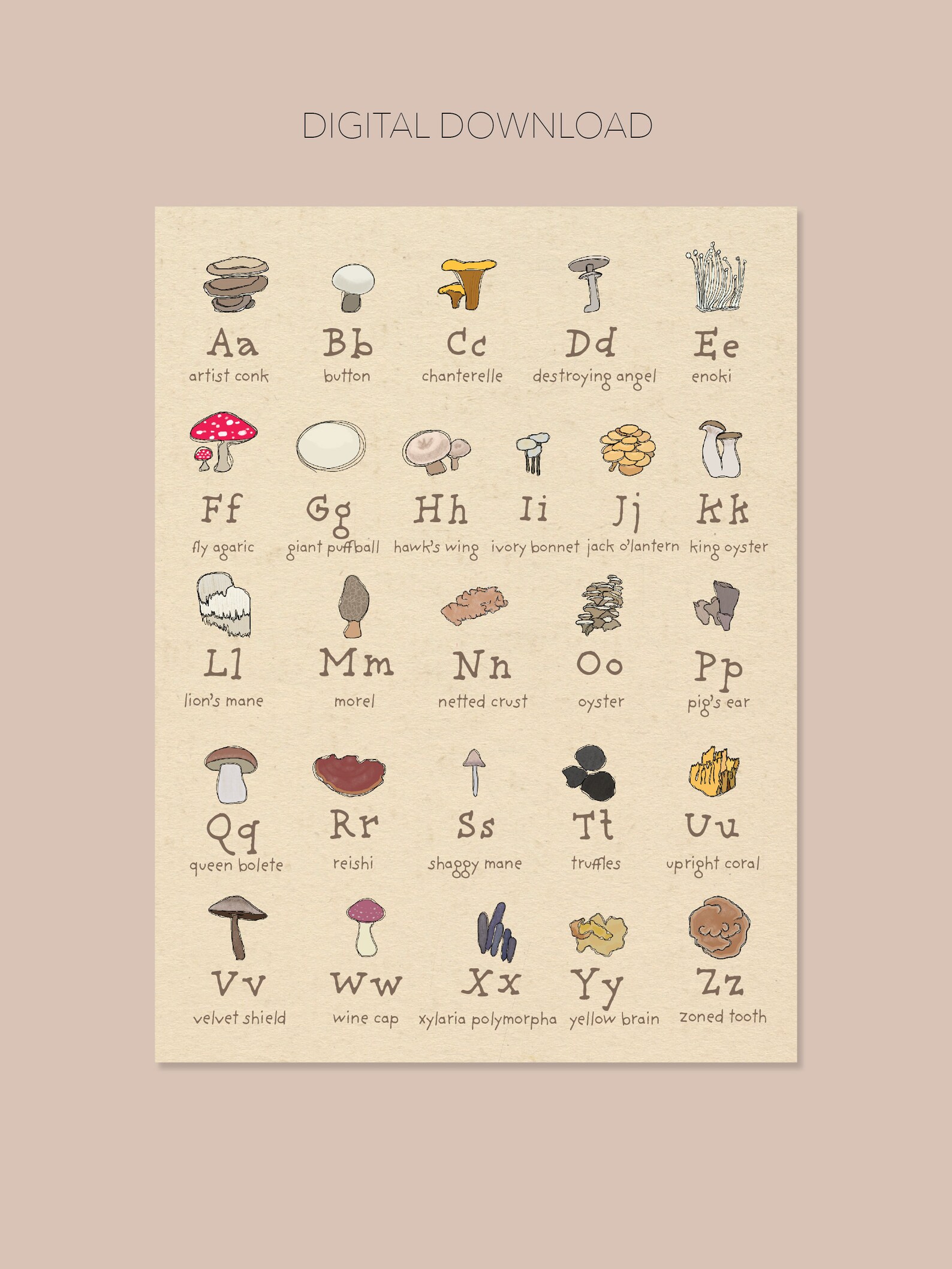 Mushroom Alphabet Poster Mushroom Alphabet Print Mushroom - Etsy