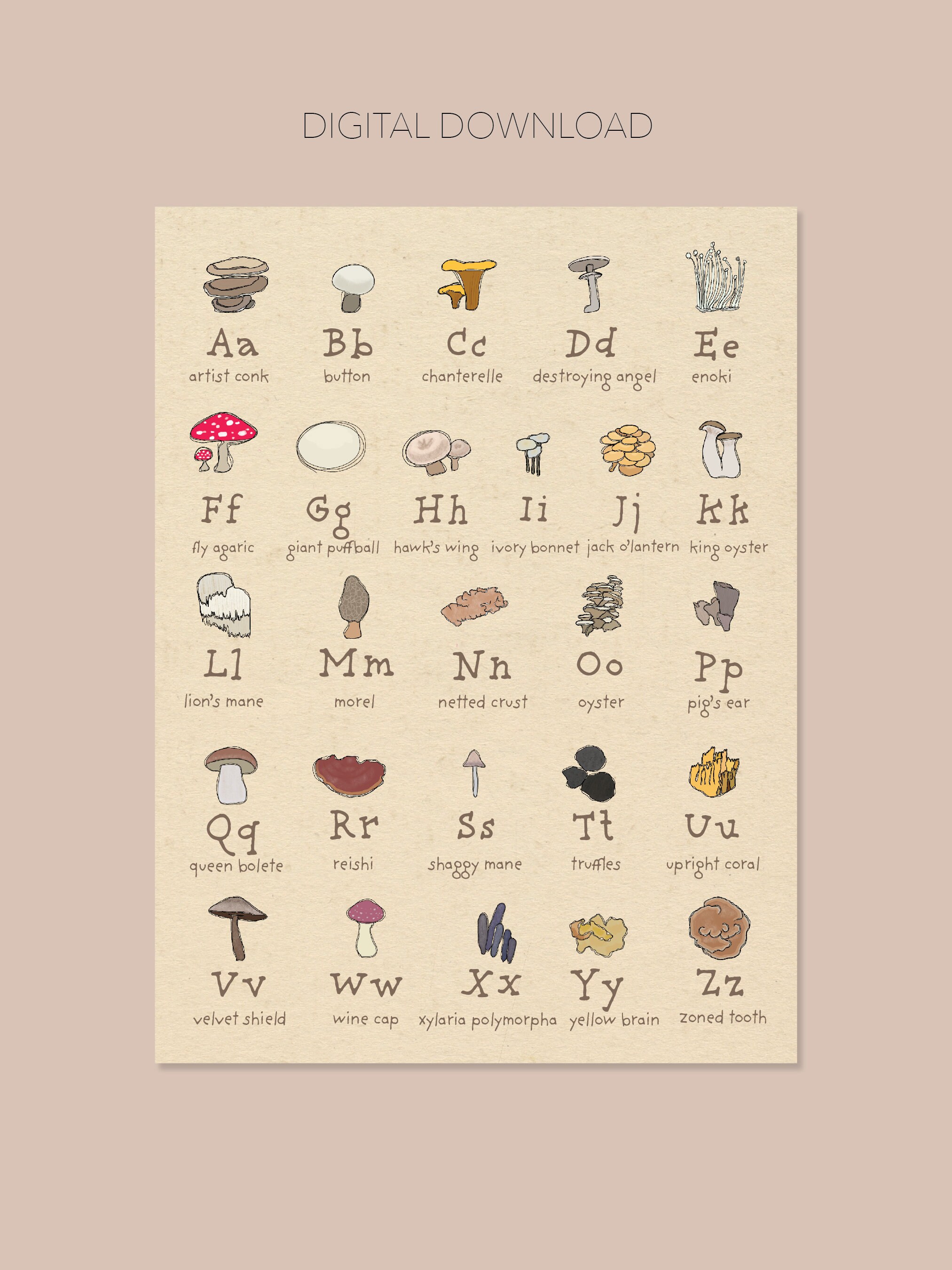 Mushroom Alphabet Poster, Mushroom Alphabet Print, Mushroom Nursery ...