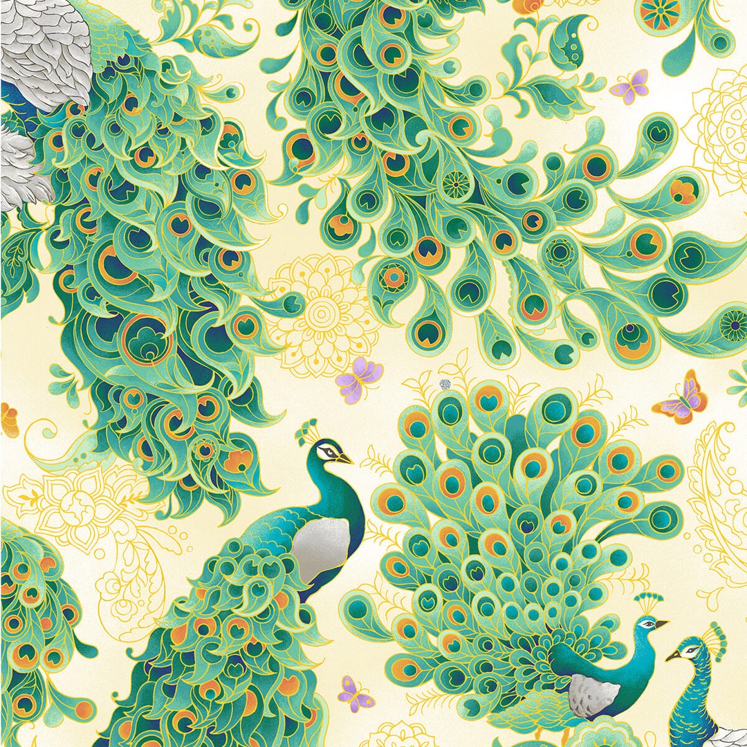 Imperial Garden Cram Peacocks W/gold Metallic - Oasis Fabrics - 60-4152 - 100% Quilting Cotton ...