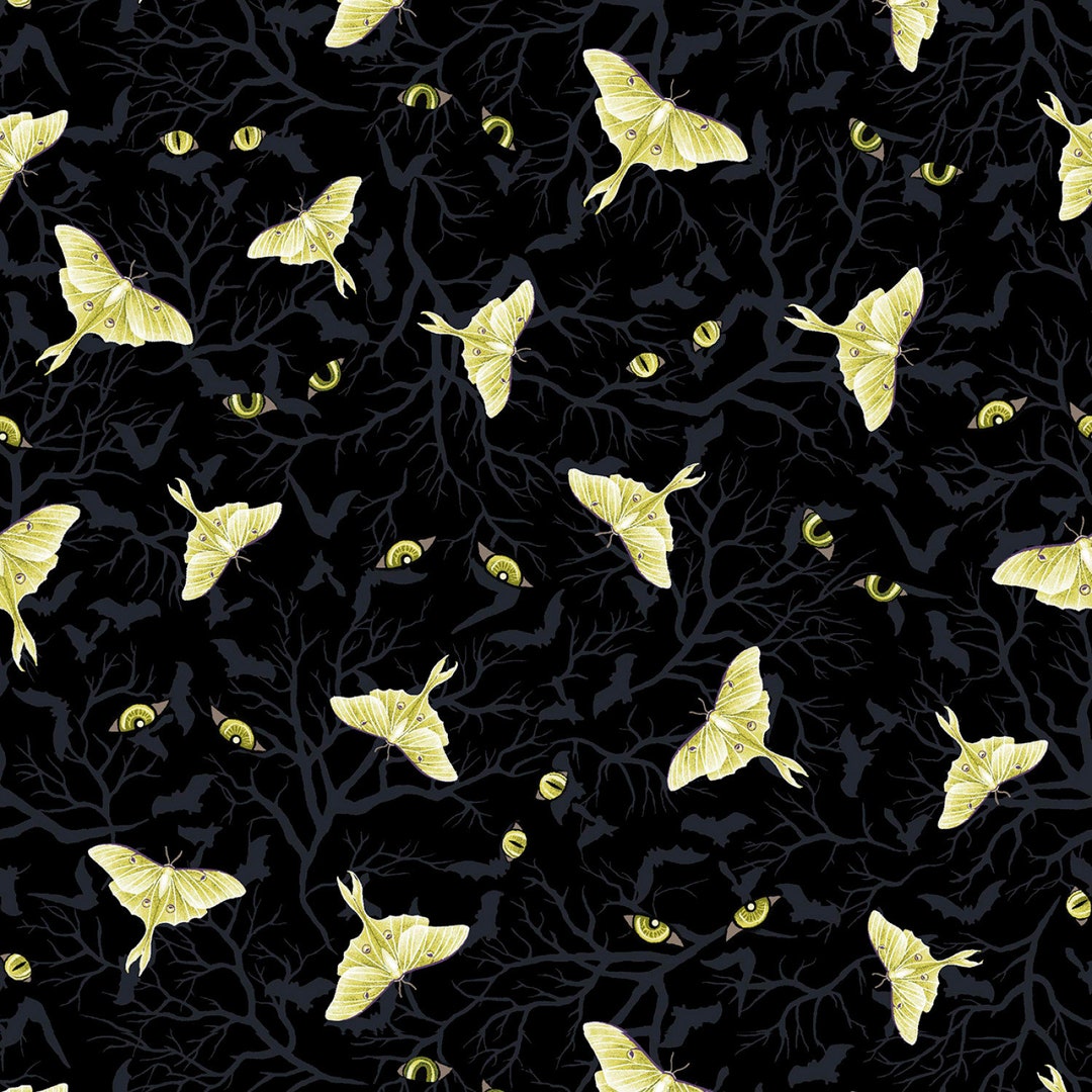 Luna Moths & Cat's Eyes Black Cotton Fabric, Hallowed Forest by Studio ...