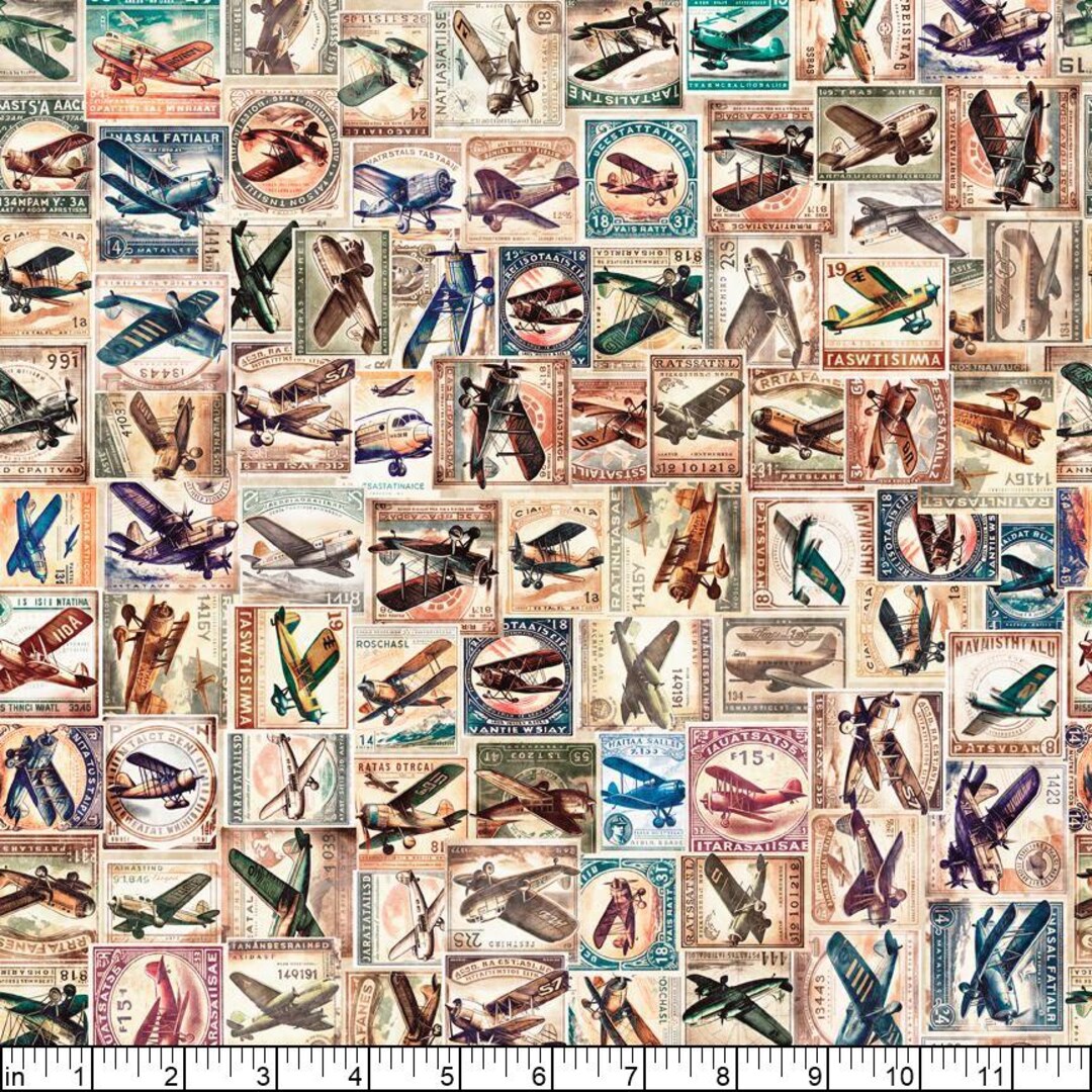 5/8 Yard REMNANT Flying High Multi Airplane Collage, Dan Morris for QT ...