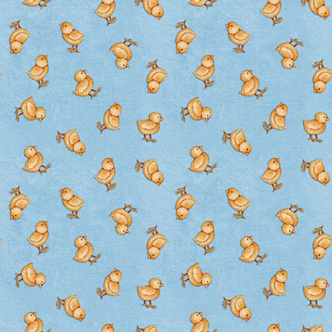 Out to Pasture Light Blue Tossed Chicks, Emma Leach for Blank Quilting, 2358-70, 100% Cotton Cut ...