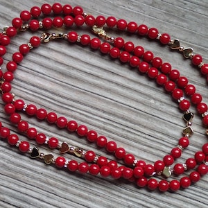Long Red Necklace With Golden Hearts, Long Woman Beaded Shell Pearl ...