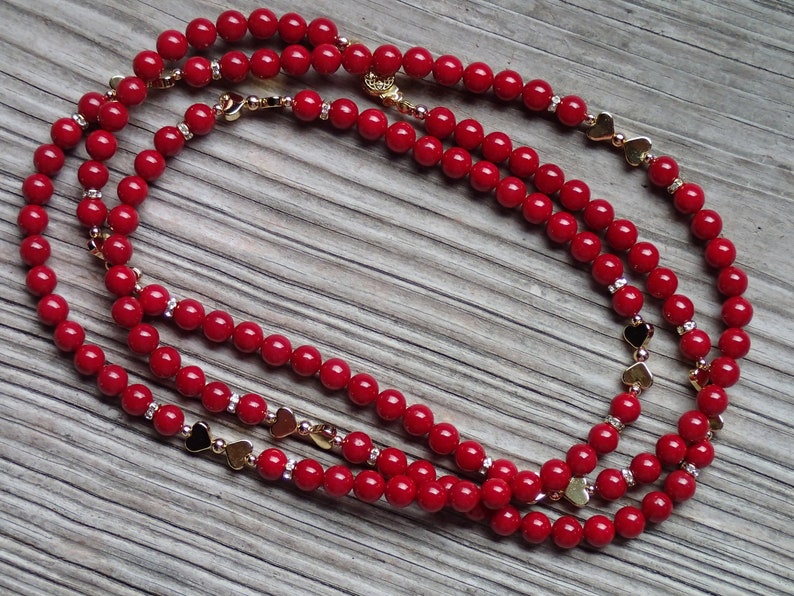 Long Red Necklace With Golden Hearts, Long Woman Beaded Shell Pearl ...