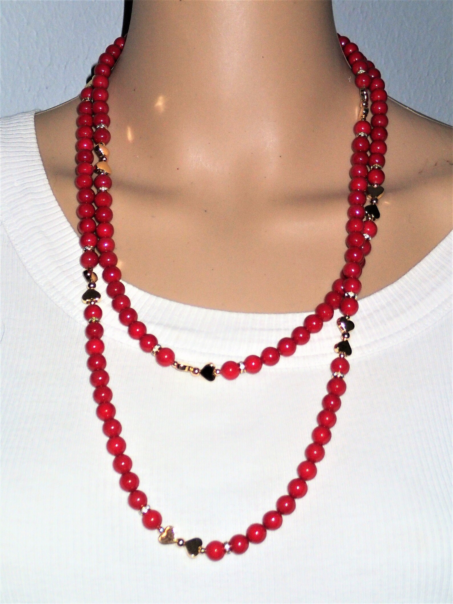 Long Red Necklace With Golden Hearts, Long Woman Beaded Shell Pearl ...