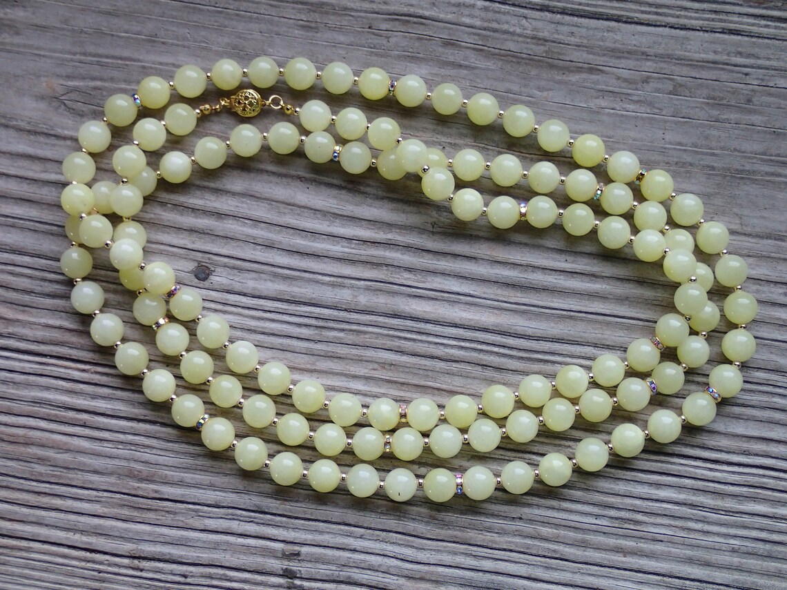 Long Pale Lemon Yellow Jade Chunky Necklace With Golden Accents, Gift ...