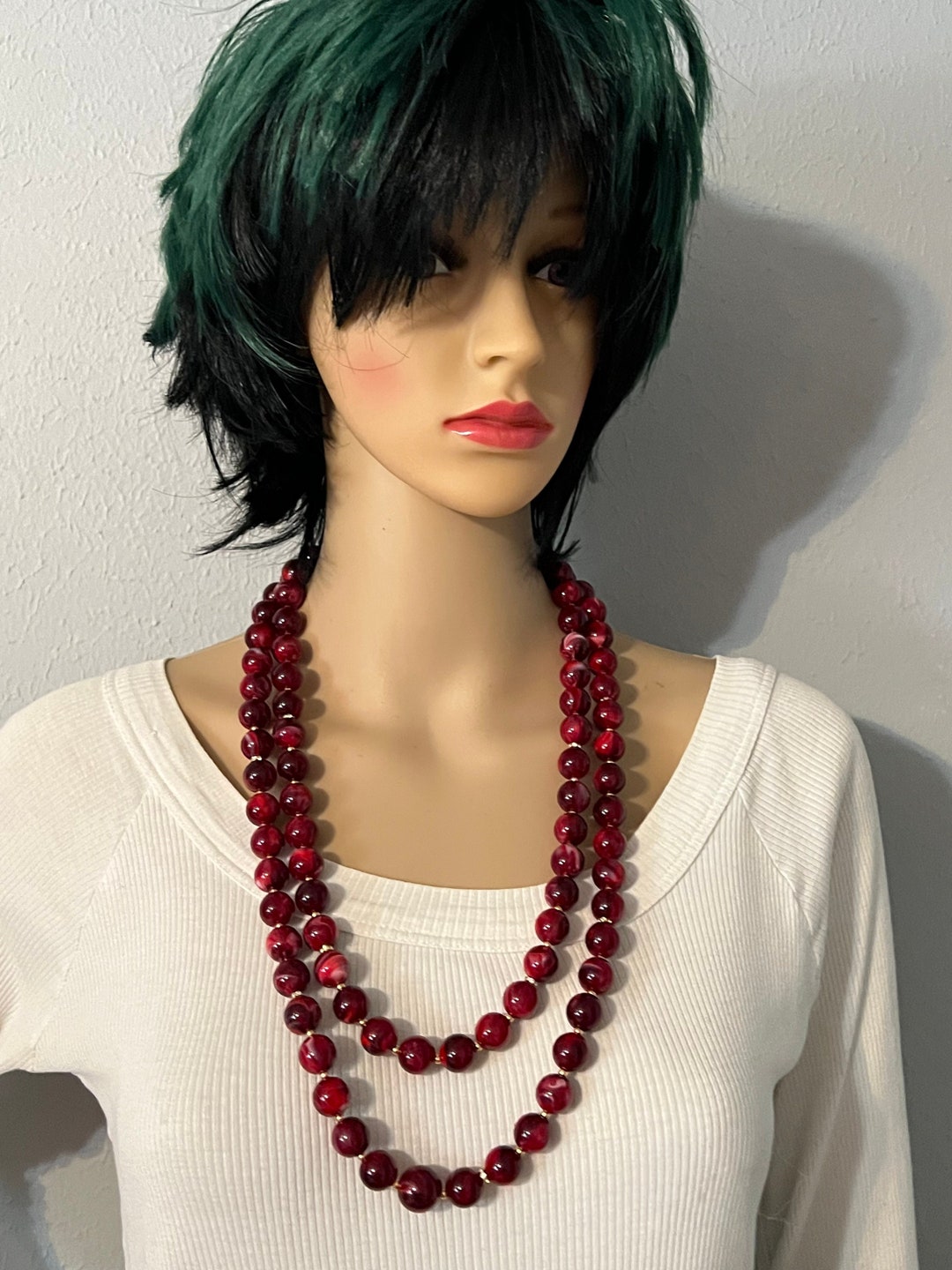 Long Maroon Chunky Beaded Necklace, Dark Red Long Acrylic Necklace With ...