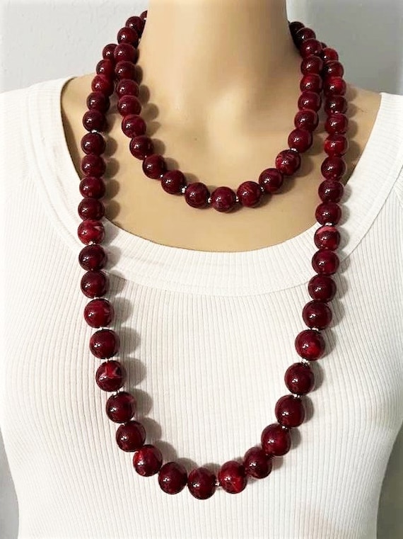 Long Maroon Chunky Beaded Necklace Dark Red Long Acrylic - Etsy