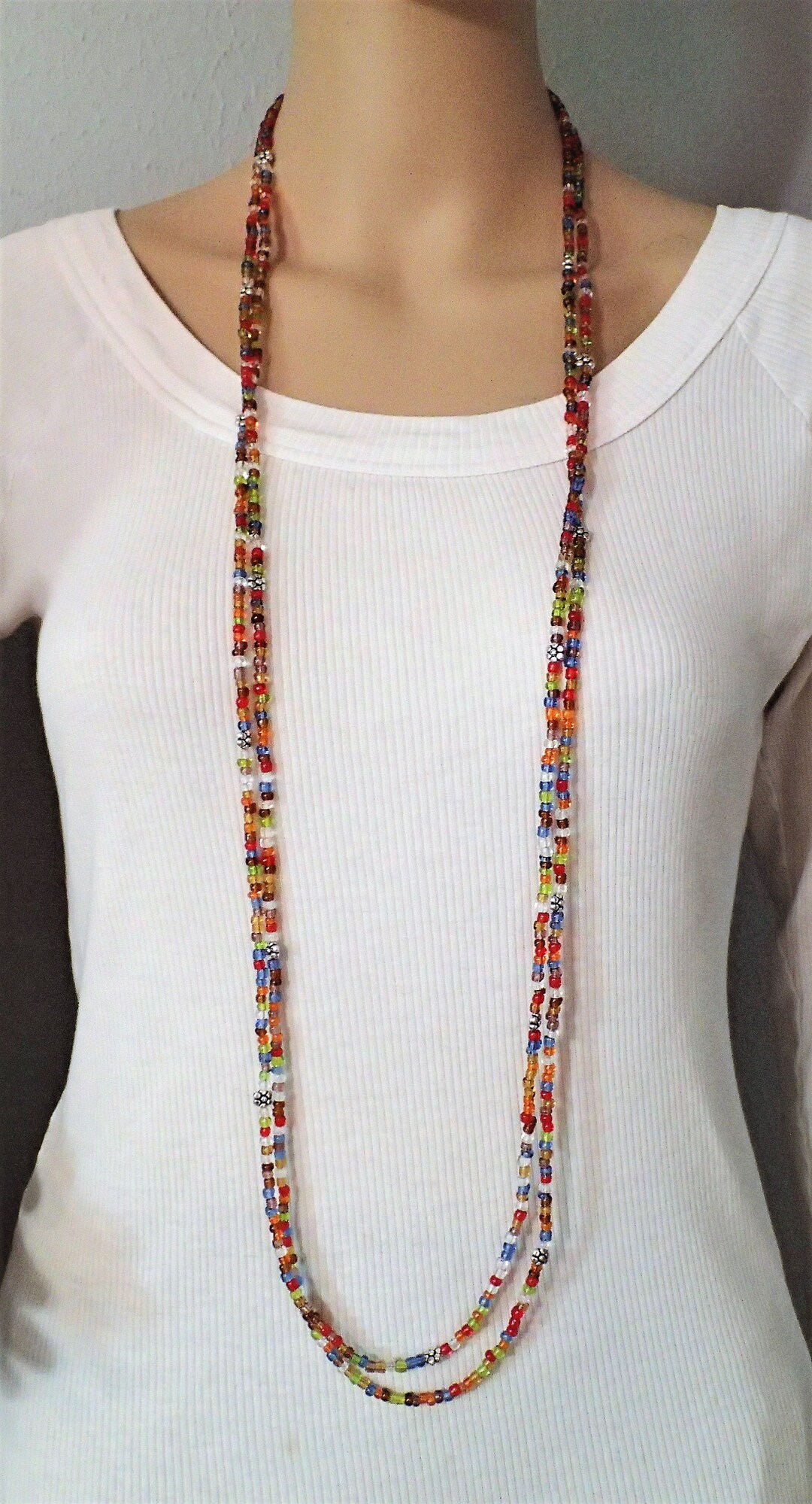 Very Long Colorful Seed Bead Floral Bohemian Necklace, Autumn Colors ...