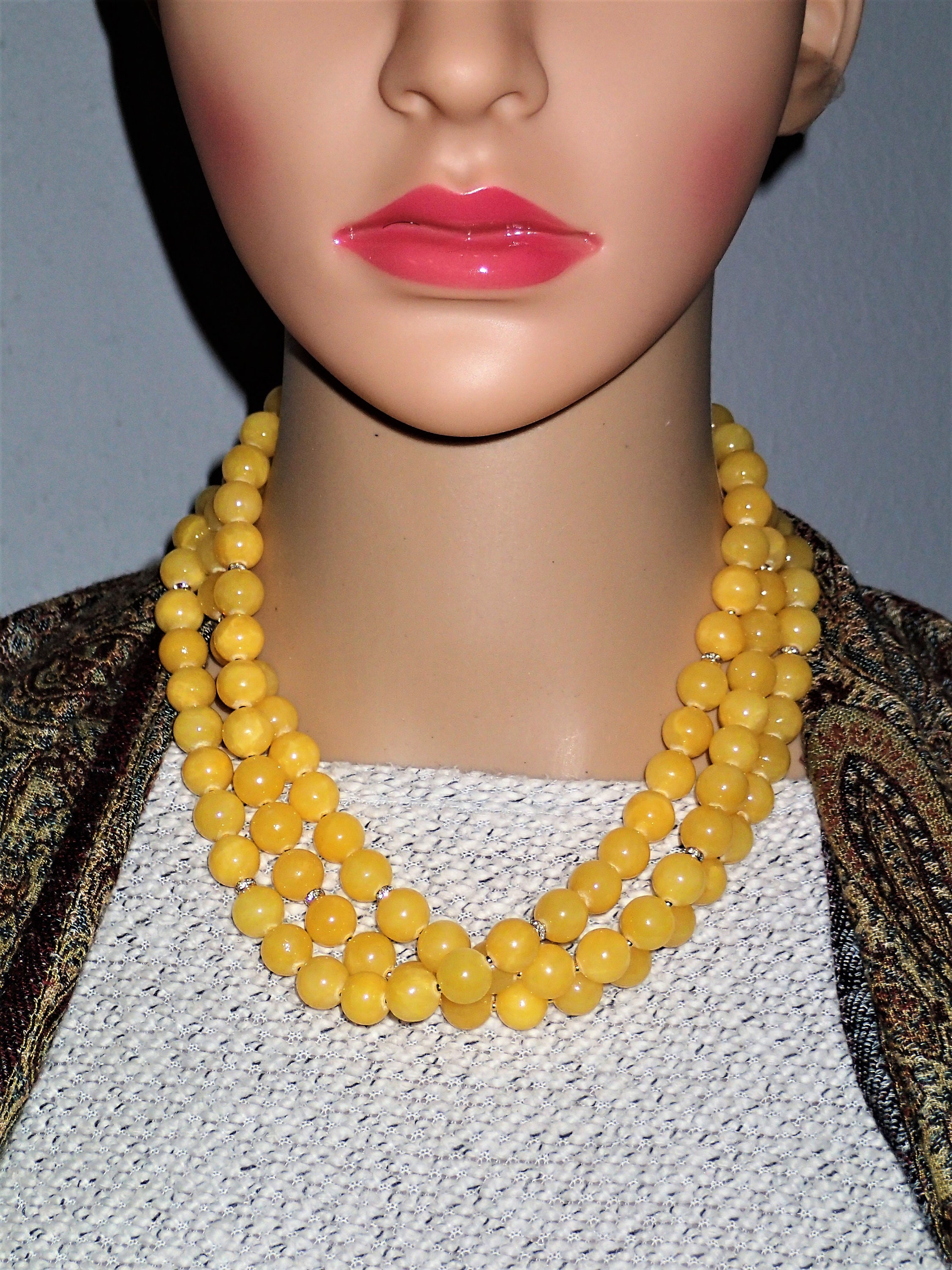 Yellow Jade Long Beaded Necklace, Yellow Gemstone Necklace, Yellow ...