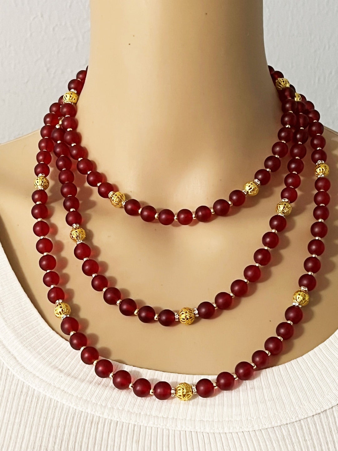 Long Red Glass Beads Necklace With Golden Accents, Dark Red Necklace ...