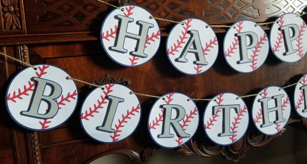 Baseball Sports Party Happy Birthday Banner Decoration Red White Blue ...