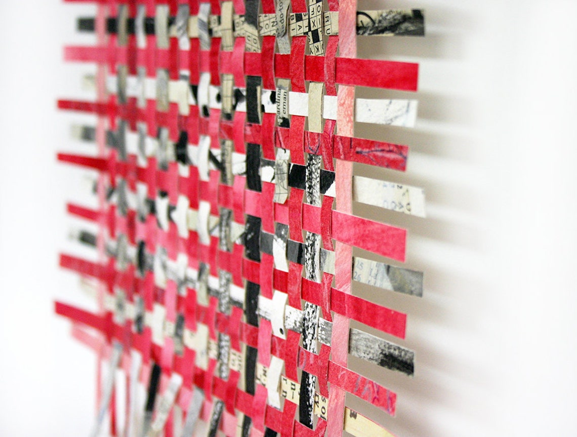 Red Paper Weaving- 8x8- Crossword Puzzle Art- Woven Paper- Red, Pink ...