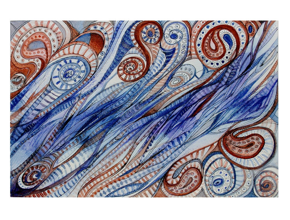 Blue Paisley Drawing- 6x9- Original Art- Ink and Watercolor- Copper ...