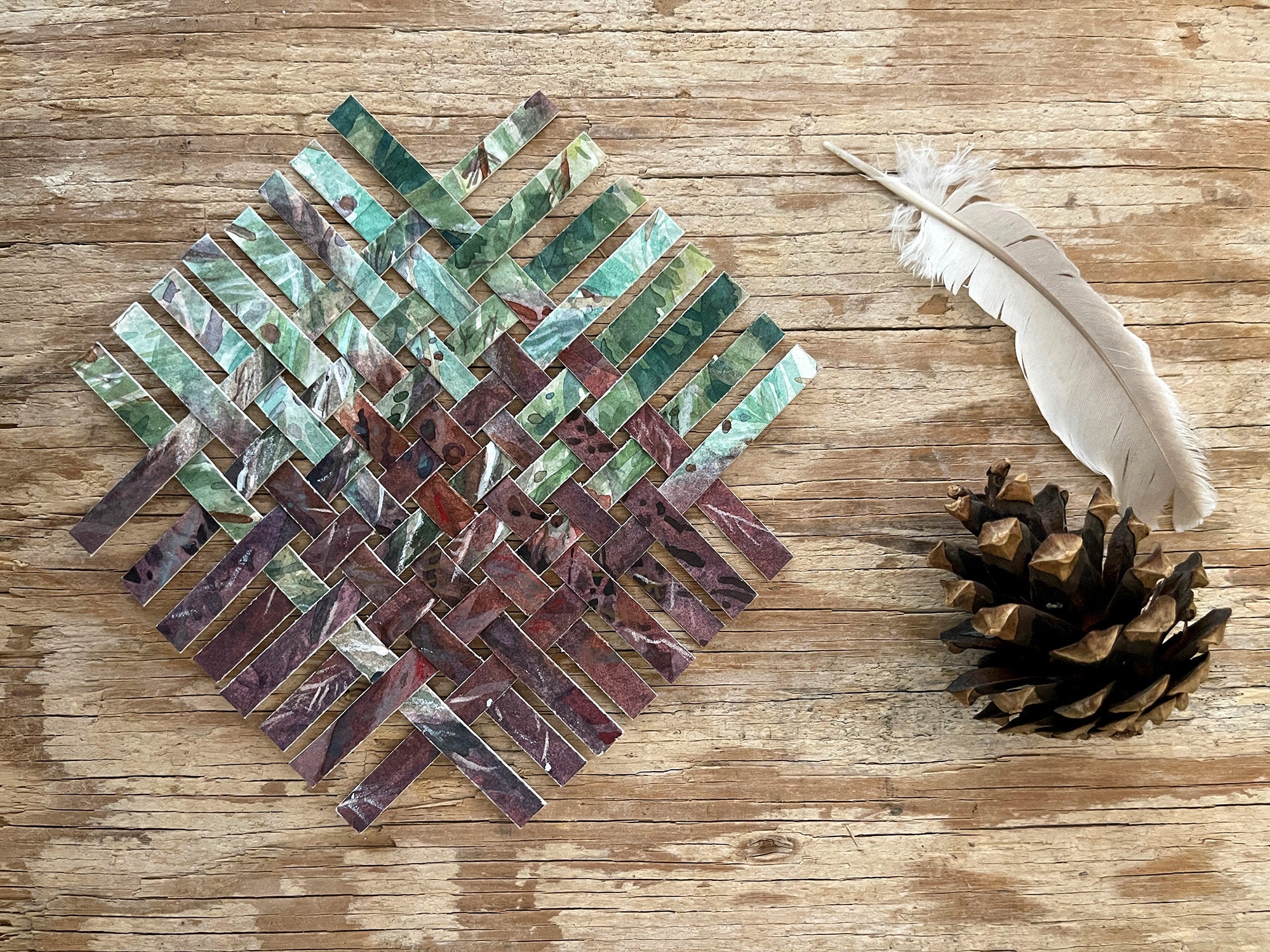 Forest Paper Weaving- 4.75 Inches Square- Small Abstract Art- Handwoven ...