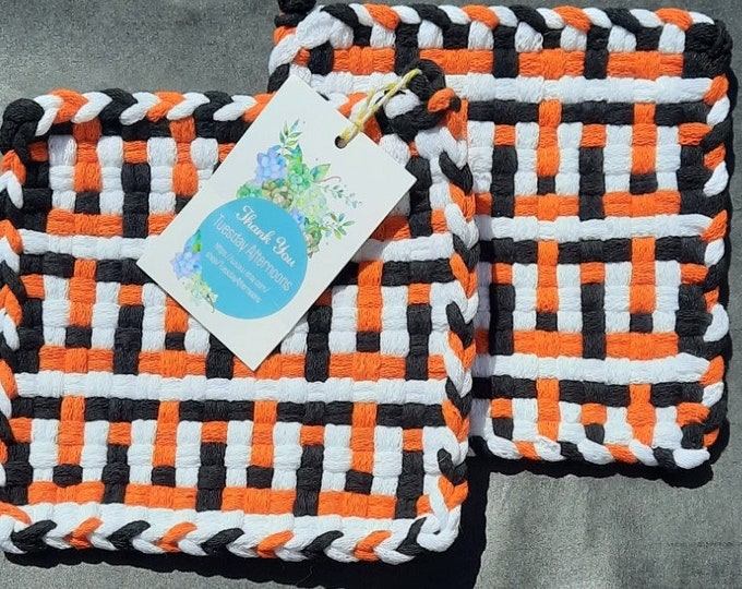 Handmade Woven Halloween Inspired 6X6 Potholders, Black, Orange, Yellow ...