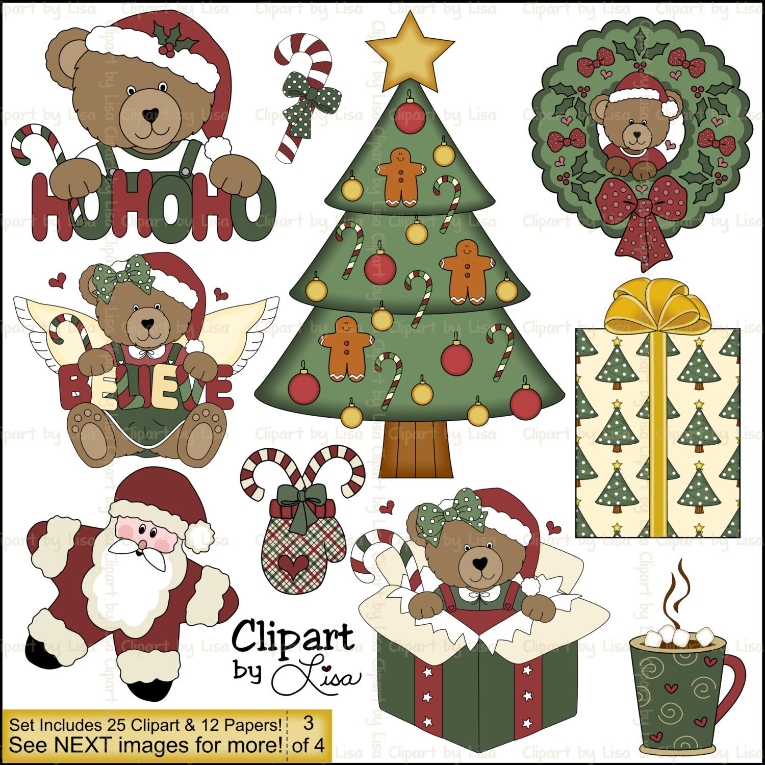 Country Christmas Clip Art & Papers Set 1 | Etsy