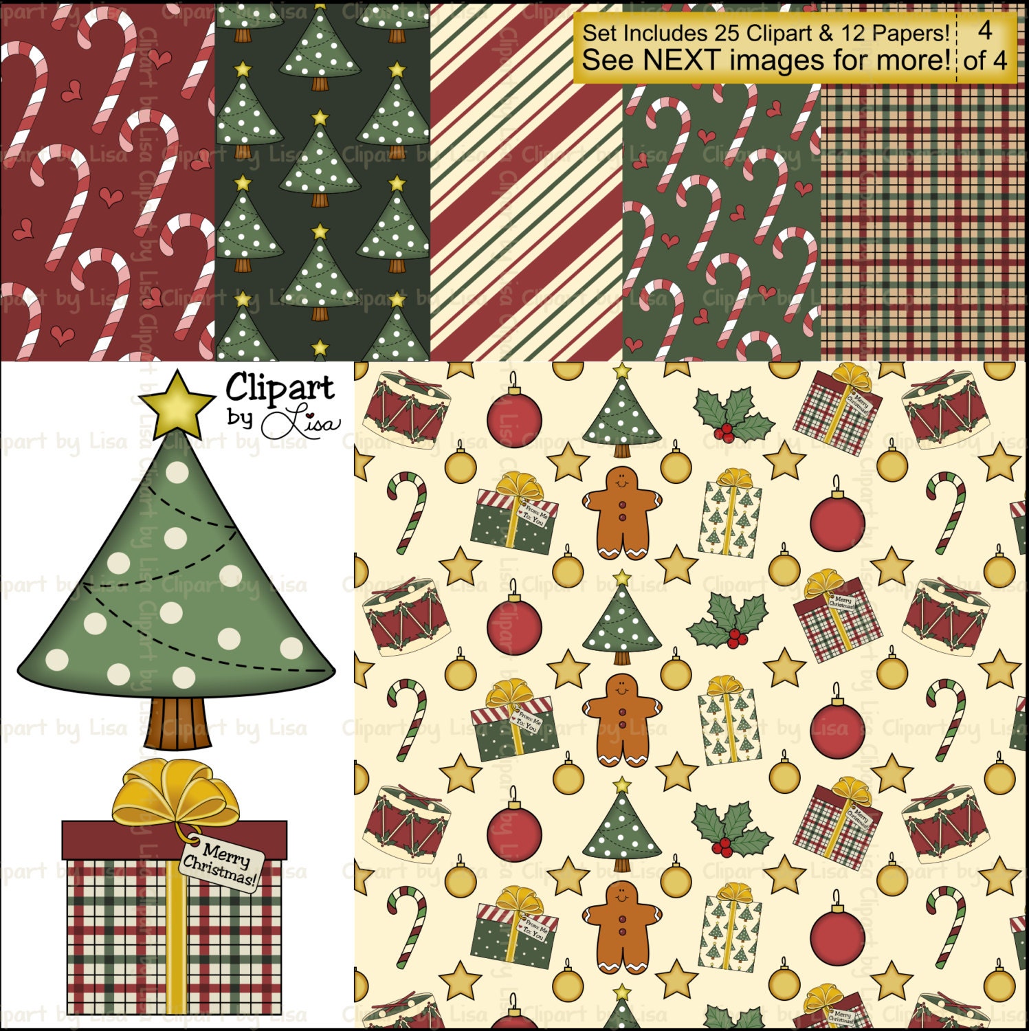Country Christmas Clip Art & Papers Set 1 - Etsy
