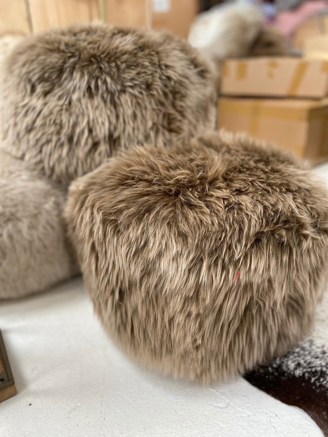 Taupe Sheepskin Pouffe, Footstool, Light Brown, Cosy Interior, Fluffy ...