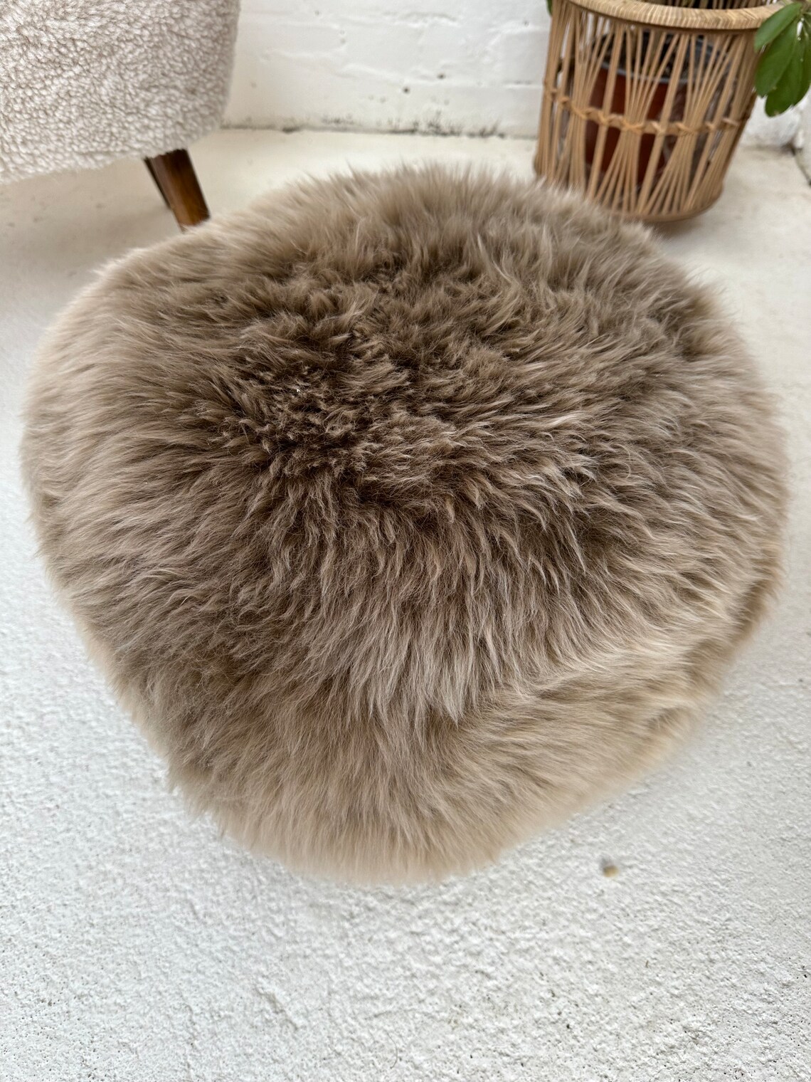 Taupe Sheepskin Pouffe, Handmade Footstool, Scandinavian Home Decor ...