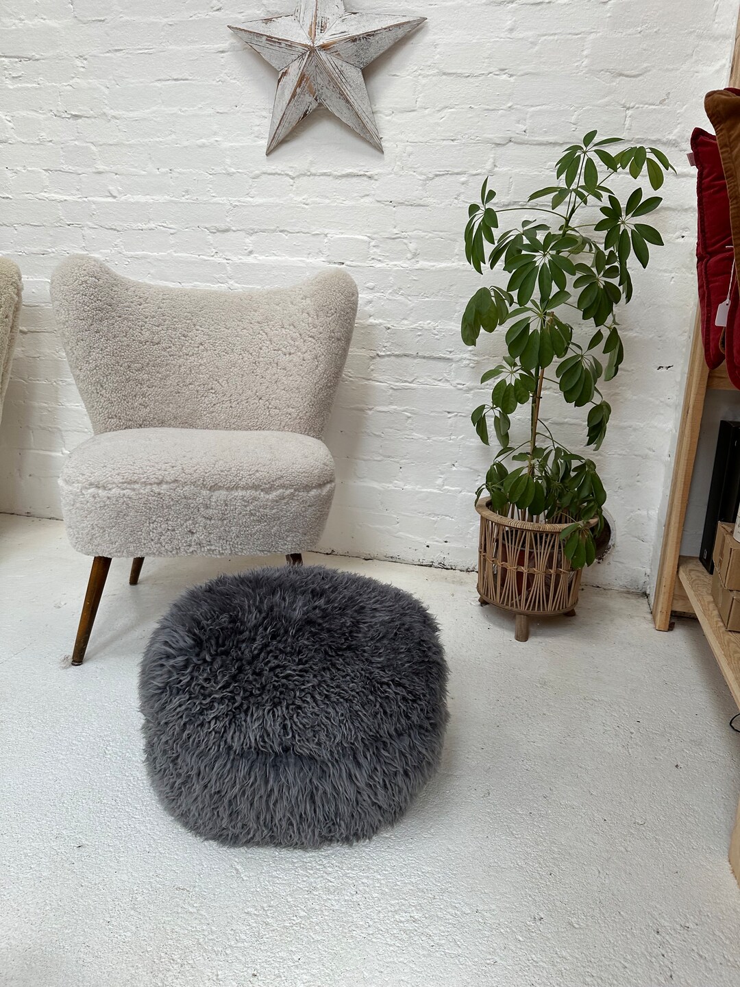 Dark Grey Curly Sheepskin Pouffe, Sheepskin Footstool, Dark Grey Pouffe ...