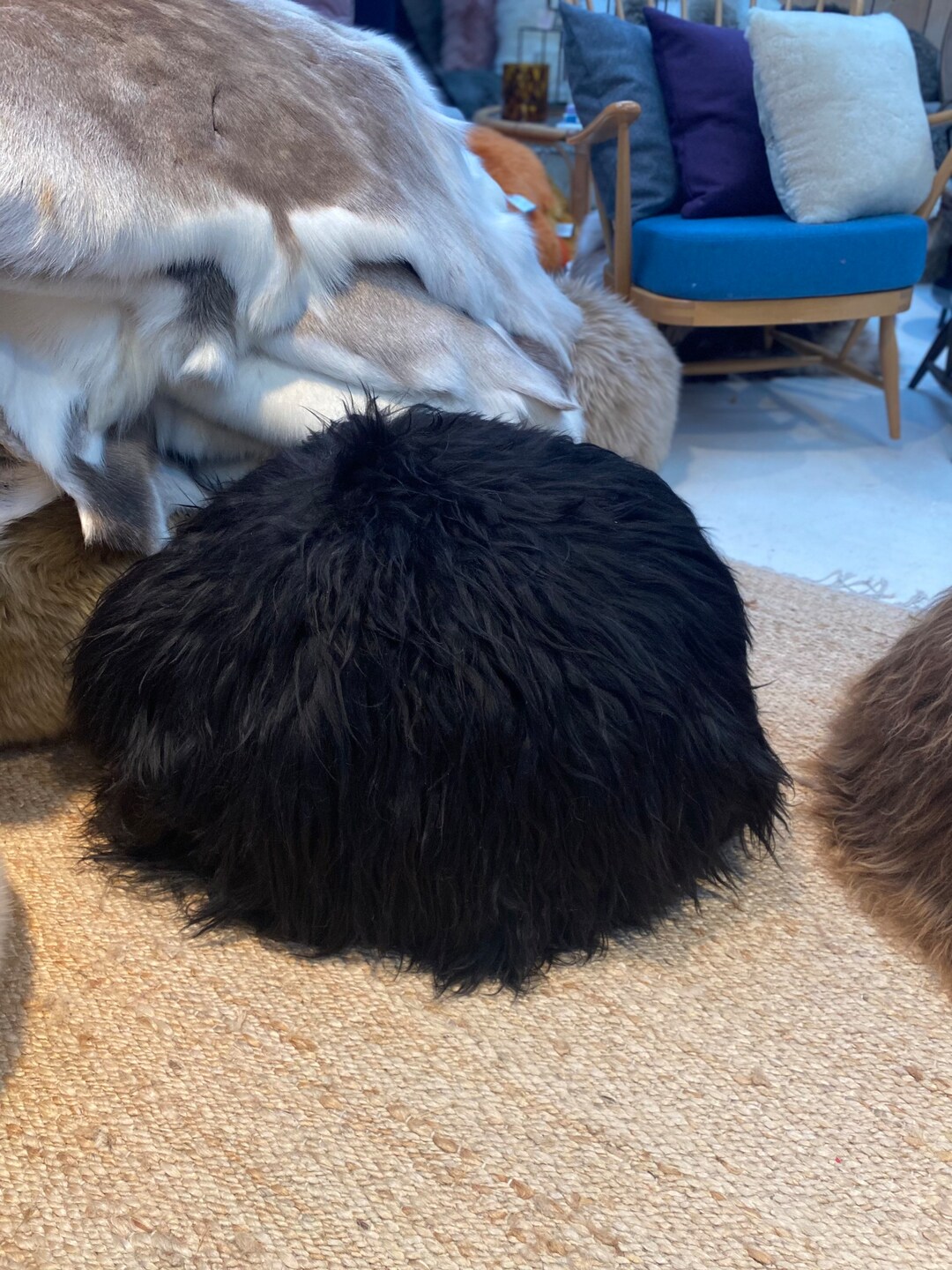 Icelandic Sheepskin Pouffe. Black Sheepskin Pouffe, Footstool, Fur ...