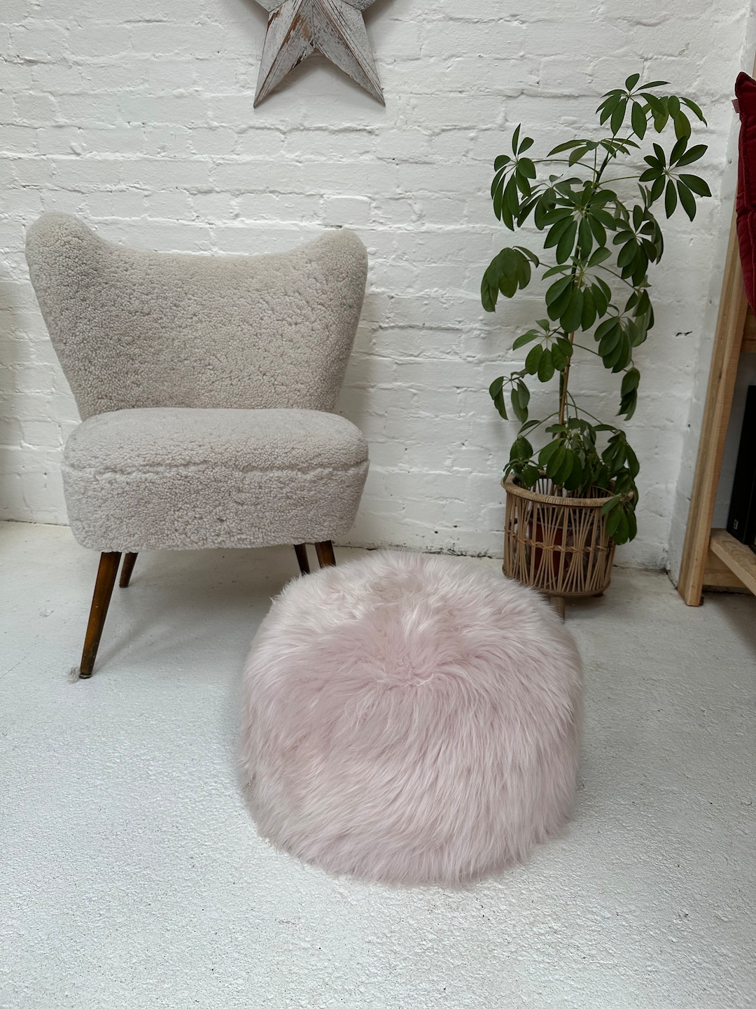 Pink Pouffe,pale Pink Furry Footstool, Pink Stool, Interior Accessory ...