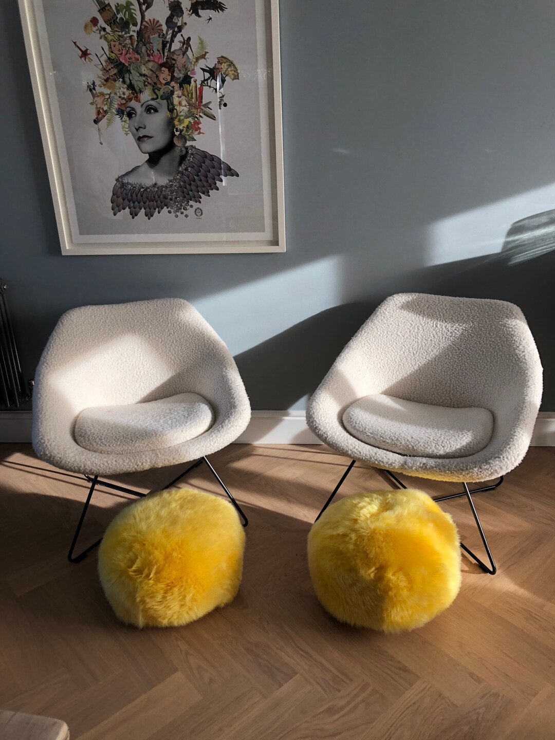 Sunshine Yellow Sheepskin Pouffe , Sheepskin Pouffe, Yellow Furry ...