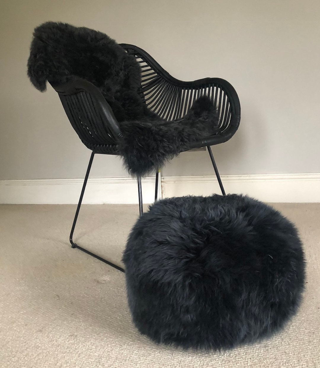 Black Pouffe, Black Footstool, Black Sheepskin Stool, Black Furry ...