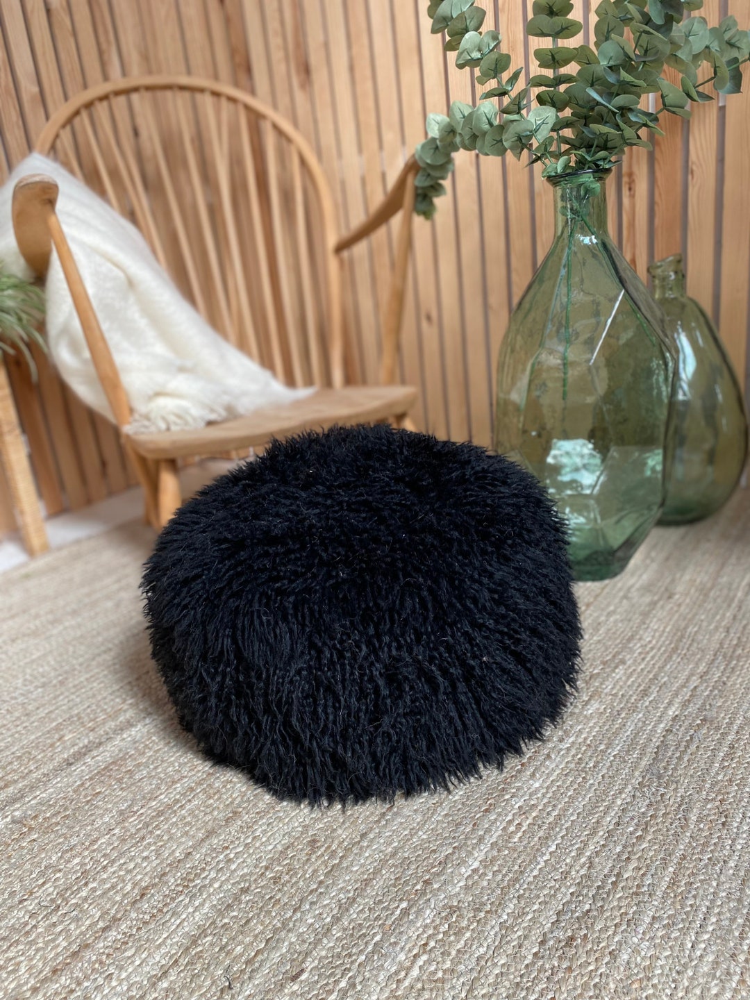 Cute Curly Black Sheepskin Pouffe, Footstool, Fur Pouffe, Interior ...