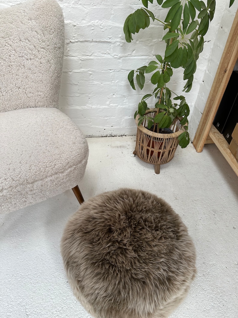 Taupe Sheepskin Pouffe, Handmade Footstool, Scandinavian Home Decor ...