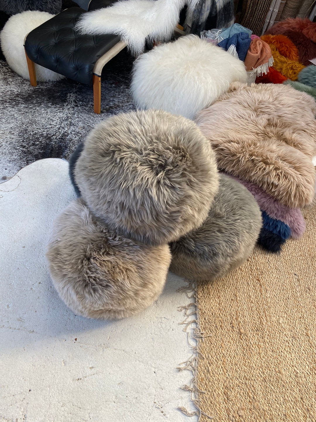 Neutral Genuine Sheepskin Pouffe, Furry Footstool - Etsy