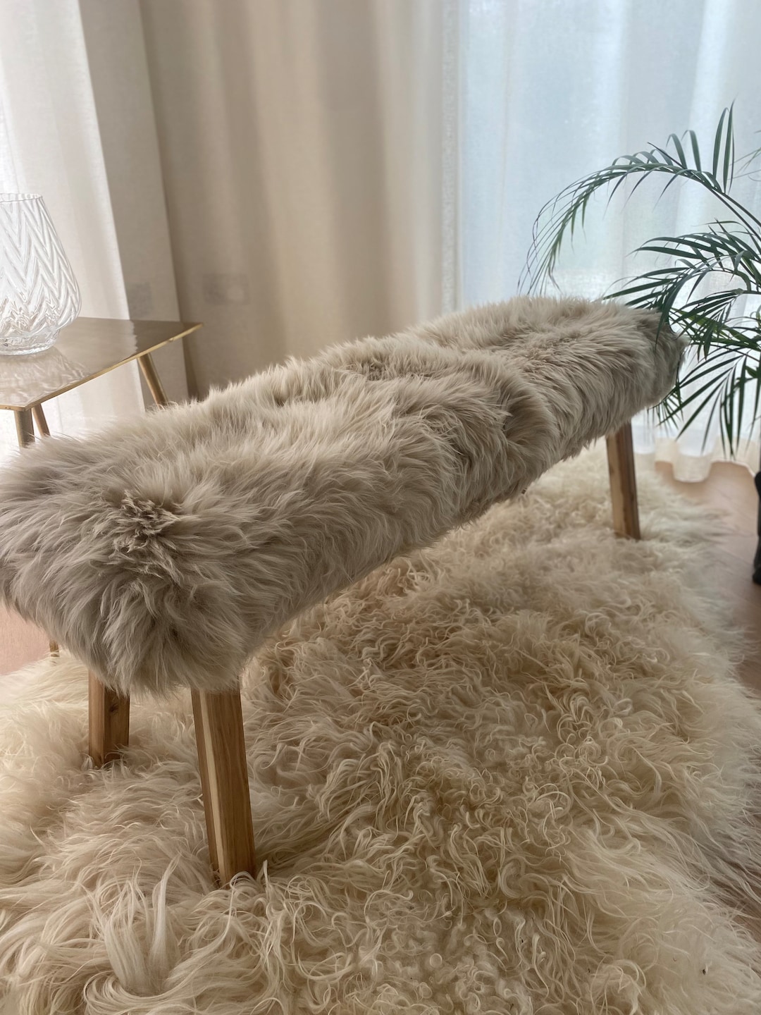 Beige Sheepskin Covered Bench, Genuine Sheepskin, Beige Sheepskin ...