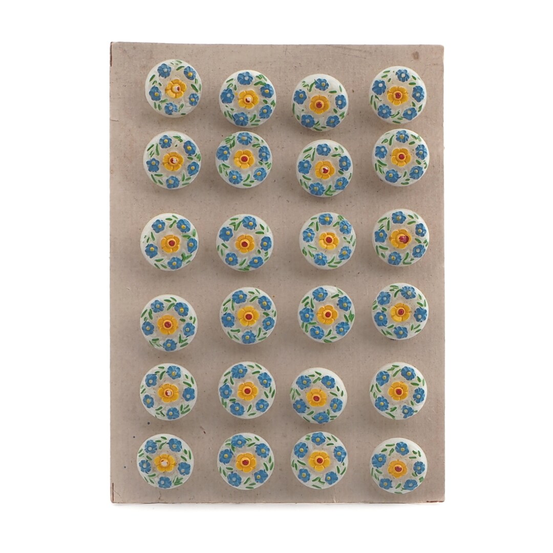 Card Vintage Czech Uranium Glass Buttons Hand Painted Blue Yellow ...