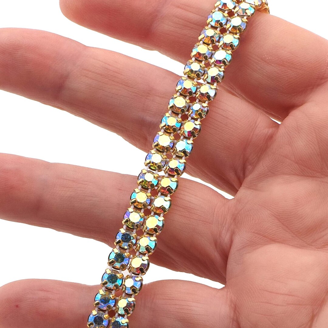 Preciosa 1 Meter Ss20 AB Crystal Sparkle 2 Row Rhinestone Golden Prong Set Trim Banding Sew ...