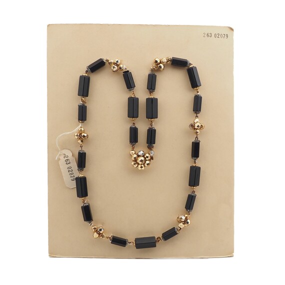 Vintage Czech 24" necklace black pentagon bugle gold … - Gem