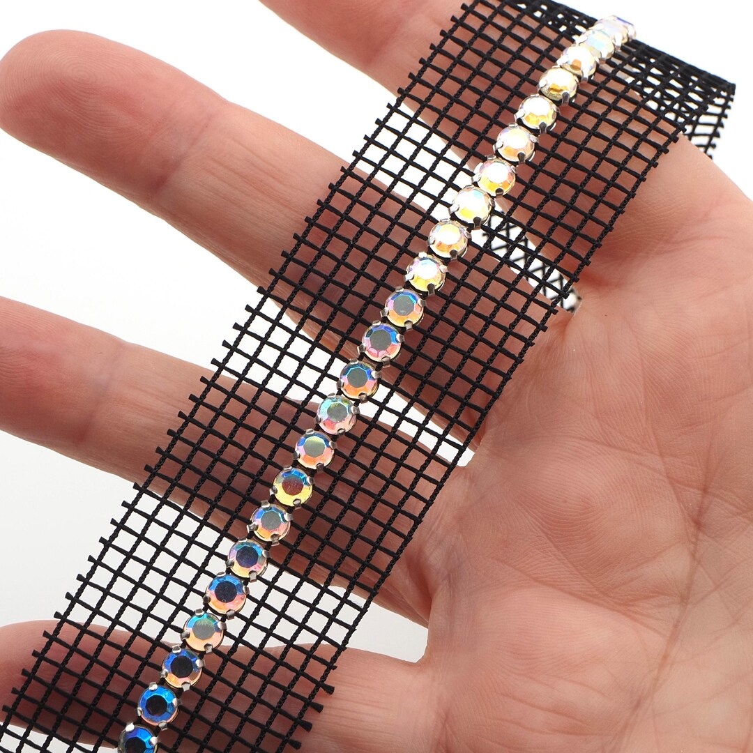 Preciosa Ss22 Sparkle AB Crystal 1 Meter Rhinestone Black Mesh, Strand ...