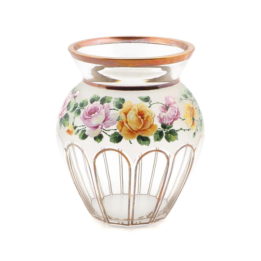 Antique Bohemian 5" Moser Roses Floral Ball Shape Crystal Glass Vase ...