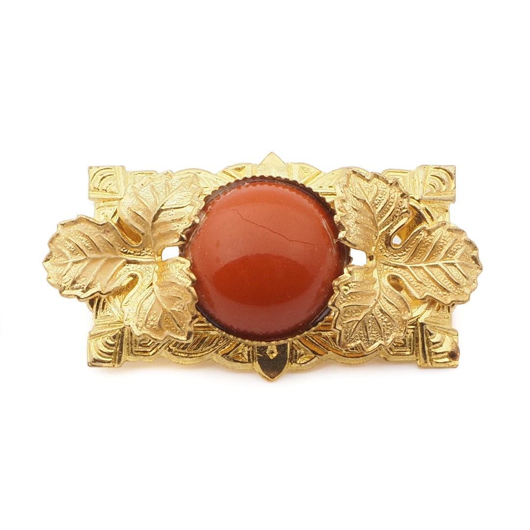 Vintage Czech Gold Metal Floral Orange Coral Glass Cabochon Pin Brooch ...
