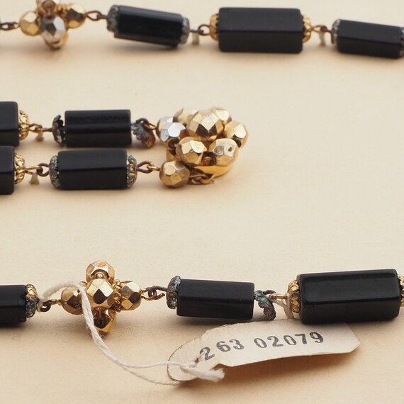 Vintage Czech 24" necklace black pentagon bugle gold … - Gem