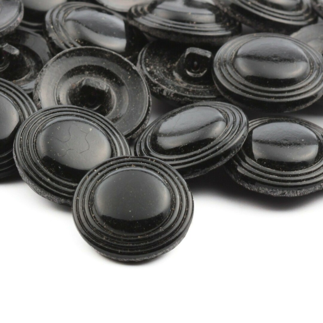 Lot 24 Pcs, Czech Vintage Concentric Ribbed Gloss Black Glass Buttons ...