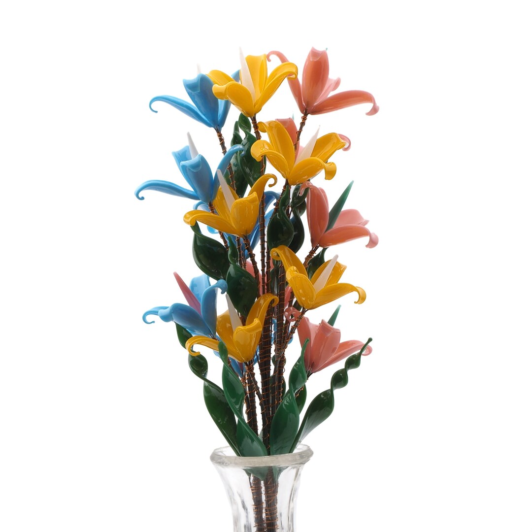 Large Glass Flower Stem Ornament Arrangement Orange Pink Blue Lampwork ...